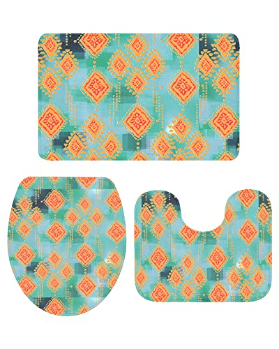 Bath Rugs for Bathroom Set 3 Piece Abstract Diamond Polka Dot on Green Gradient Non-Slip Washable Memory Foam Absorbent Bath Mat Rugs for Tub Shower,U-Shaped Toilet Floor Mats,Toilet Lid Cover