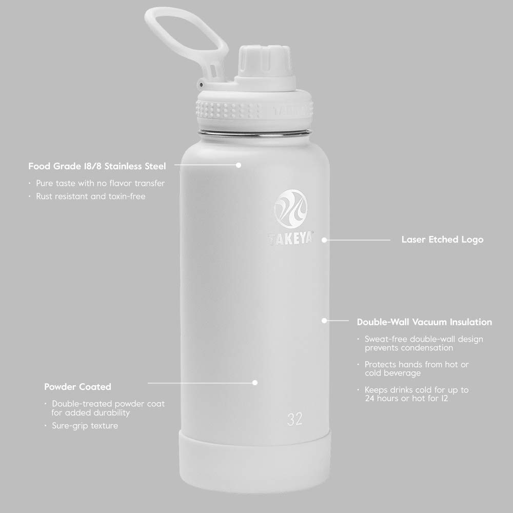 Takeya Actives Insulated Stainless Steel Water Bottle with Spout Lid, 18 Ounce, Arctic