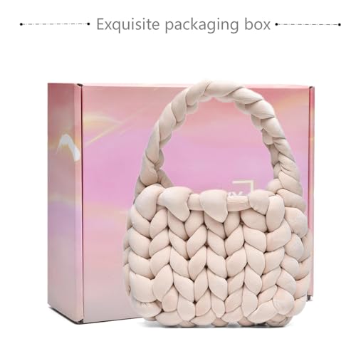 Handwoven Tote Bags for Women Chunky Yarn Knit Shoulder Bag Handmade Braided Purse(Beige)