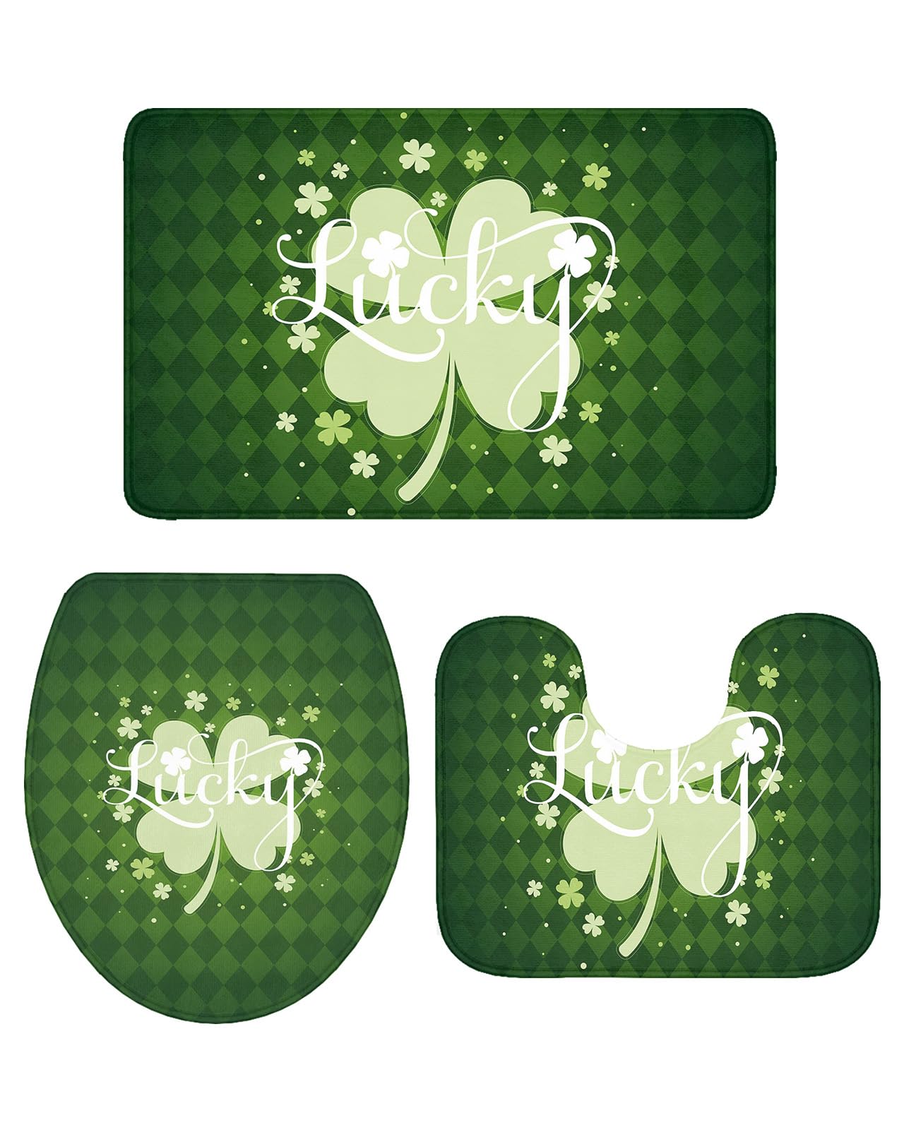 Bath Rugs for Bathroom Set 3 Piece St. Patrick's Day Lucky Shamrocks Clovers Green Diamond Plaid Non-Slip Washable Memory Foam Absorbent Bath Mat Rugs,U-Shaped Toilet Floor Mats,Toilet Lid Cover