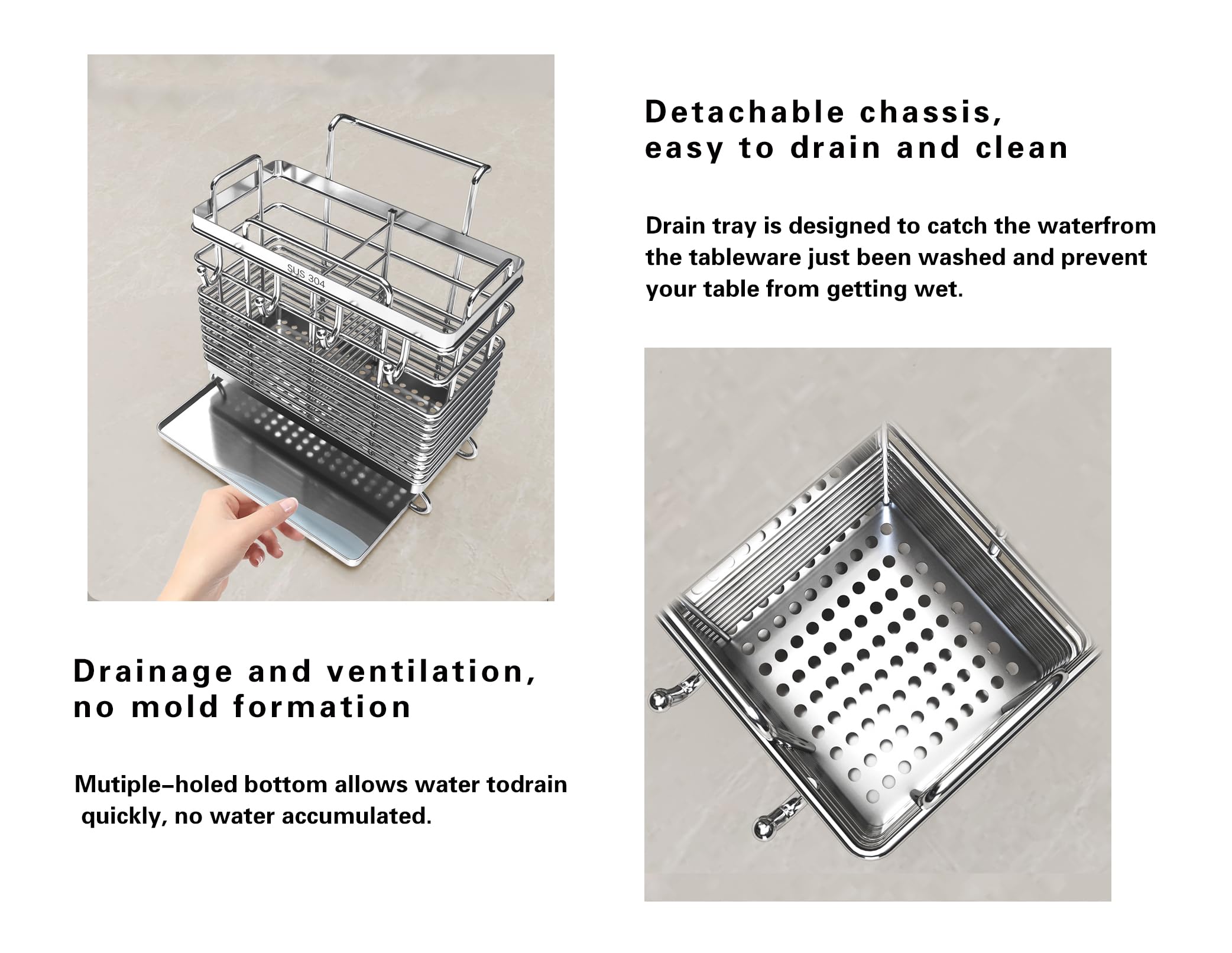 Sturdy 304 Stainless Steel Utensil Drying Rack, Basket Holder with Hooks 2 Compartments Draining Basket, Rust Proof, No Drilling,Kitchen Dish Drainer Dish Drying Rack