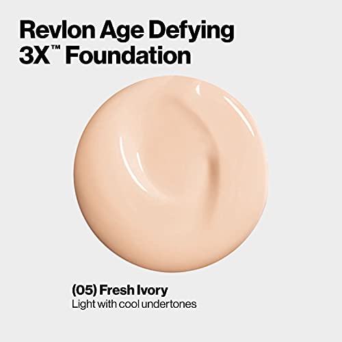 Liquid Foundation by Revlon, Age Defying 3XFace Makeup, Anti-Aging and Firming Formula, SPF 30, Longwear Medium Buildable Coverage with Natural Finish, 005 Fresh Ivory, 1 Fl Oz