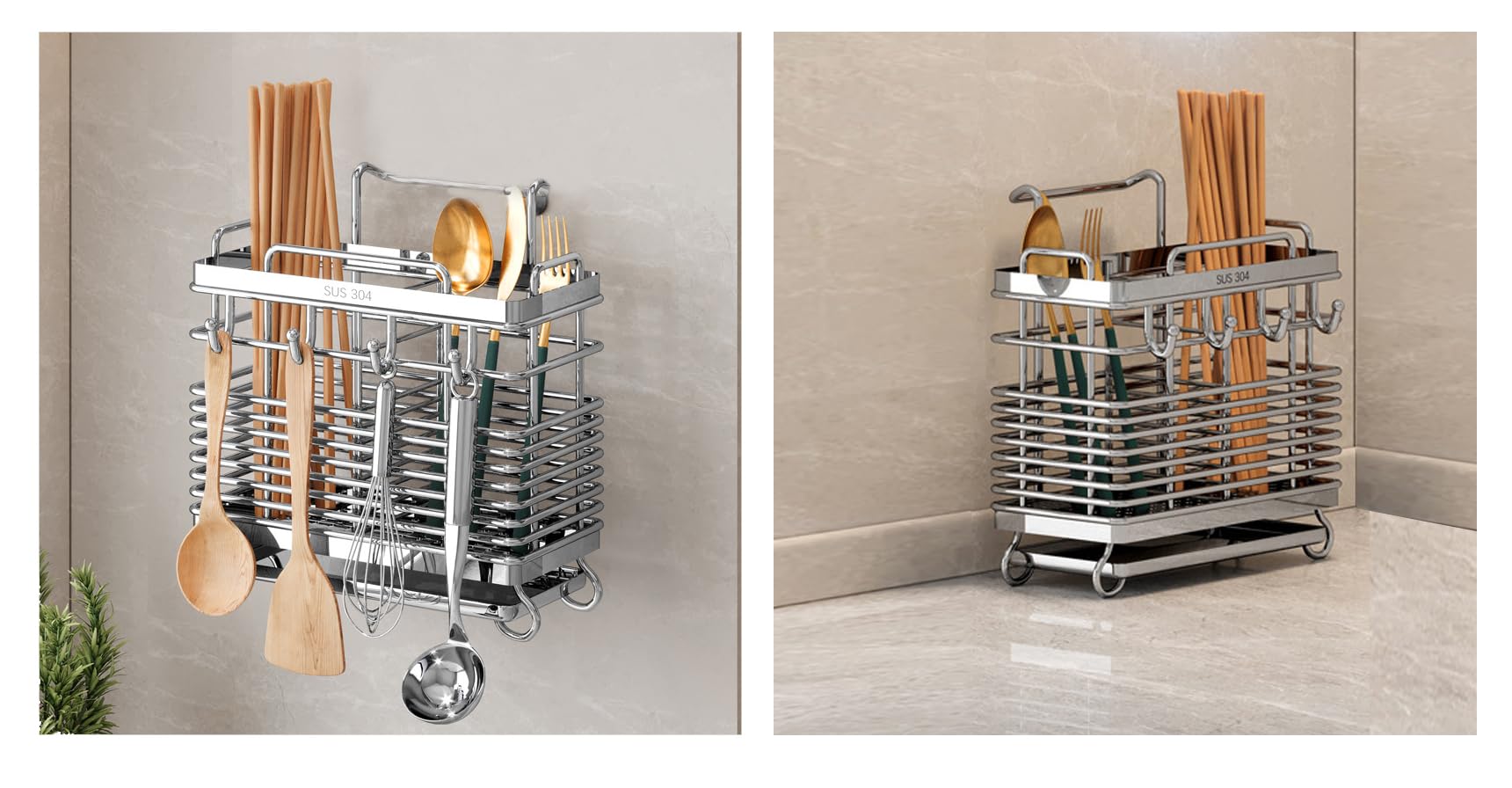Sturdy 304 Stainless Steel Utensil Drying Rack, Basket Holder with Hooks 2 Compartments Draining Basket, Rust Proof, No Drilling,Kitchen Dish Drainer Dish Drying Rack