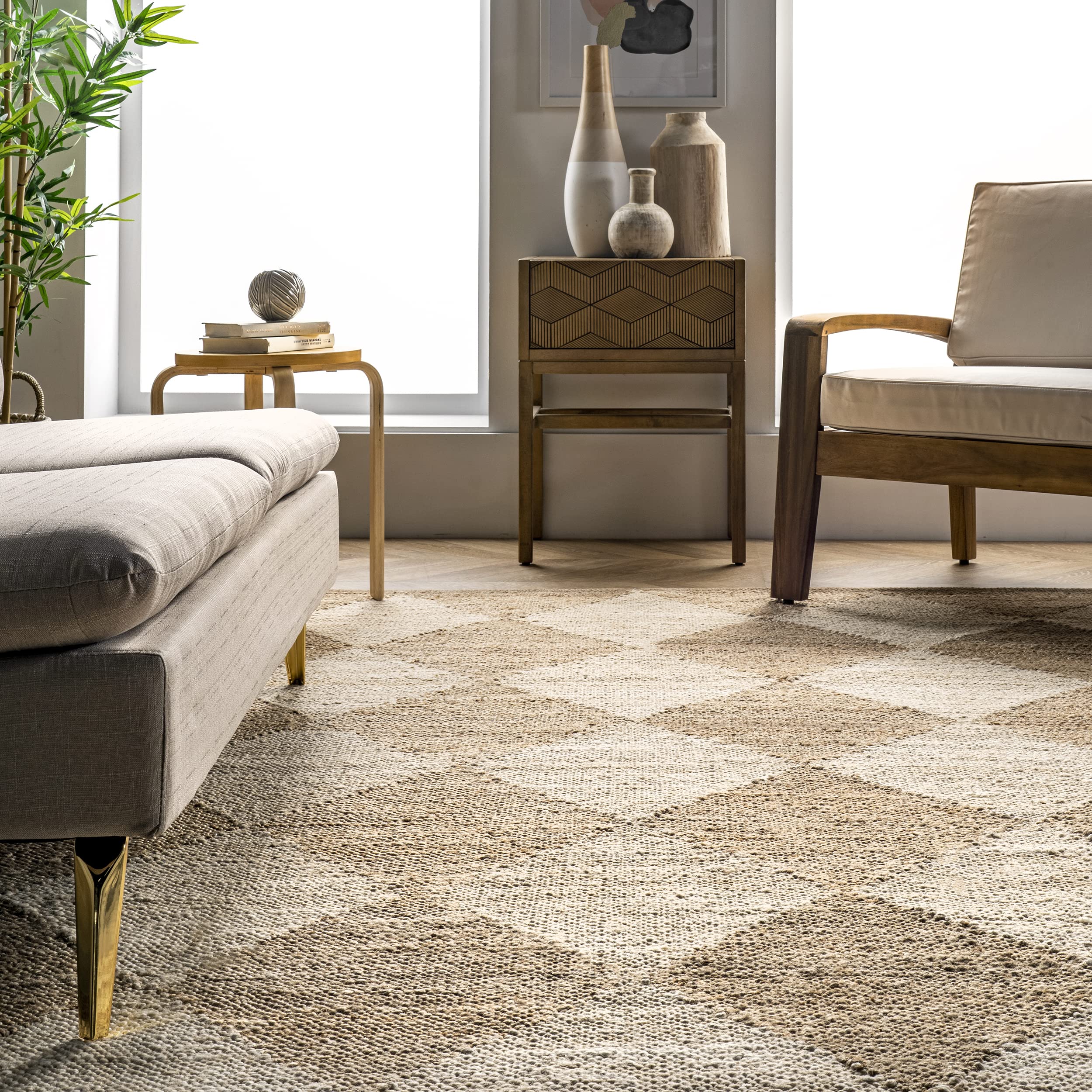 Rugs USA x Arvin Olano Louie Diamond Checkerboard Jute Area Rug, 3x5, Natural