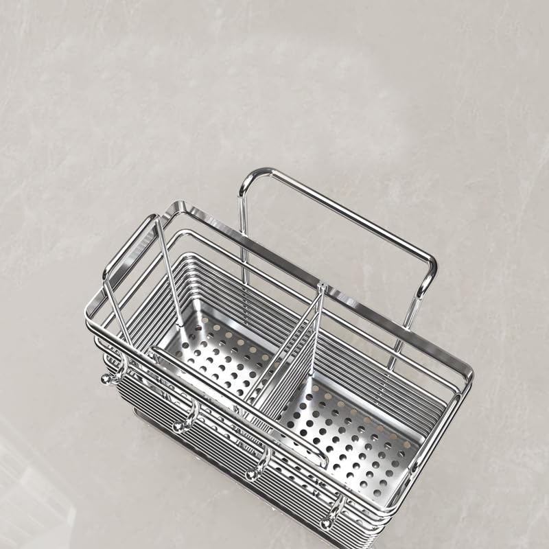 Sturdy 304 Stainless Steel Utensil Drying Rack, Basket Holder with Hooks 2 Compartments Draining Basket, Rust Proof, No Drilling,Kitchen Dish Drainer Dish Drying Rack