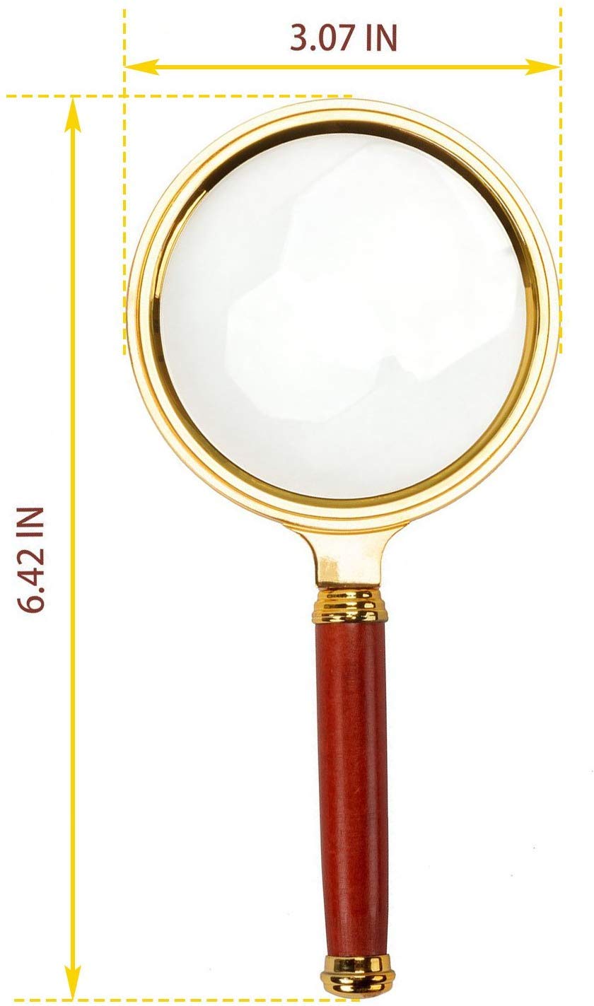 BASUNE 10X Handheld Magnifier, Reading Magnifier Loupe Glasses 10X with Rosewood Handle for Book and Newspaper Reading, Insect and Hobby Observation, Classroom Science (Clear, Plastic Frame)
