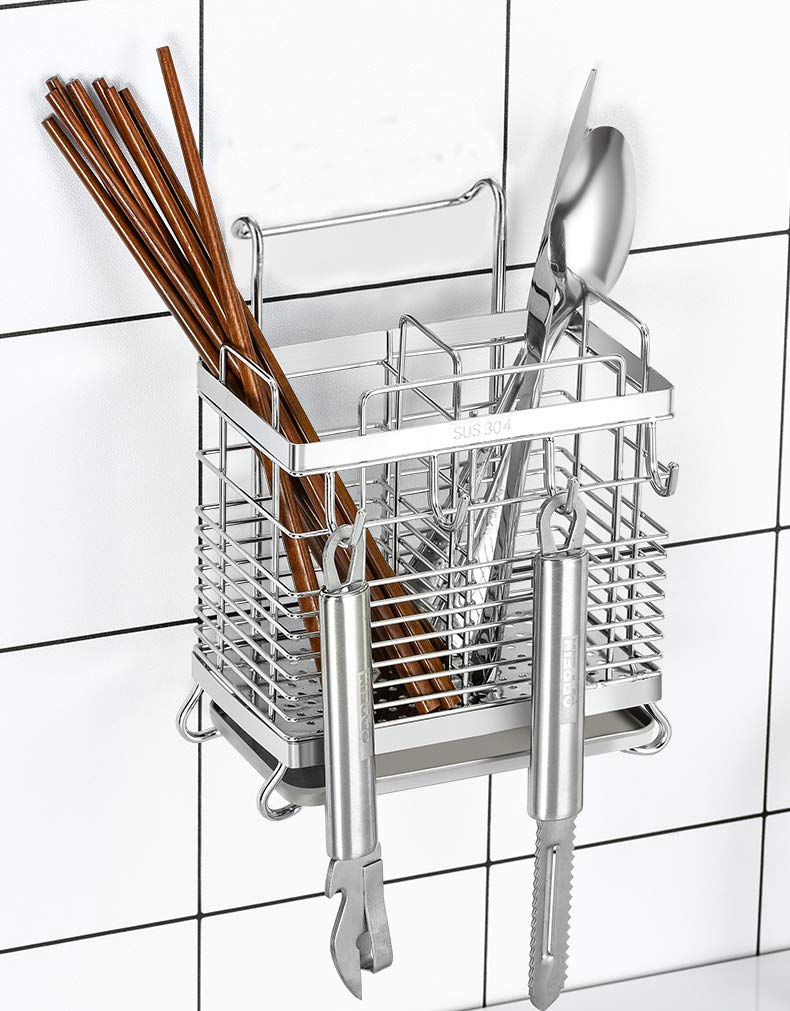 Sturdy 304 Stainless Steel Utensil Drying Rack, Basket Holder with Hooks 2 Compartments Draining Basket, Rust Proof, No Drilling,Kitchen Dish Drainer Dish Drying Rack