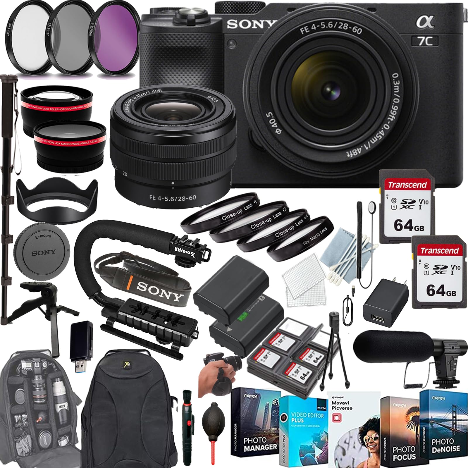 Sony Alpha a7C Mirrorless Digital Camera with 28-60mm Lens (Black) + 2 x 64GB Memory Cards + NP-FZ-100 Battery + USB Card Reader + Microphone + Accessory Bundle (Renewed)
