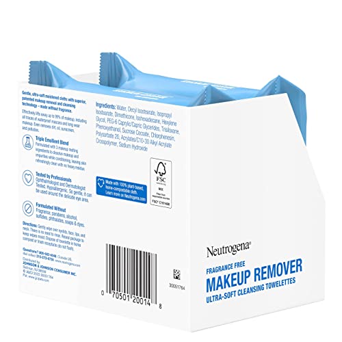 Neutrogena Makeup Remover Cleansing Face Wipes, Daily Cleansing Facial Towelettes to Remove Waterproof Makeup and Mascara, Alcohol-Free, Value Twin Pack, 25 Count, 2 Pack