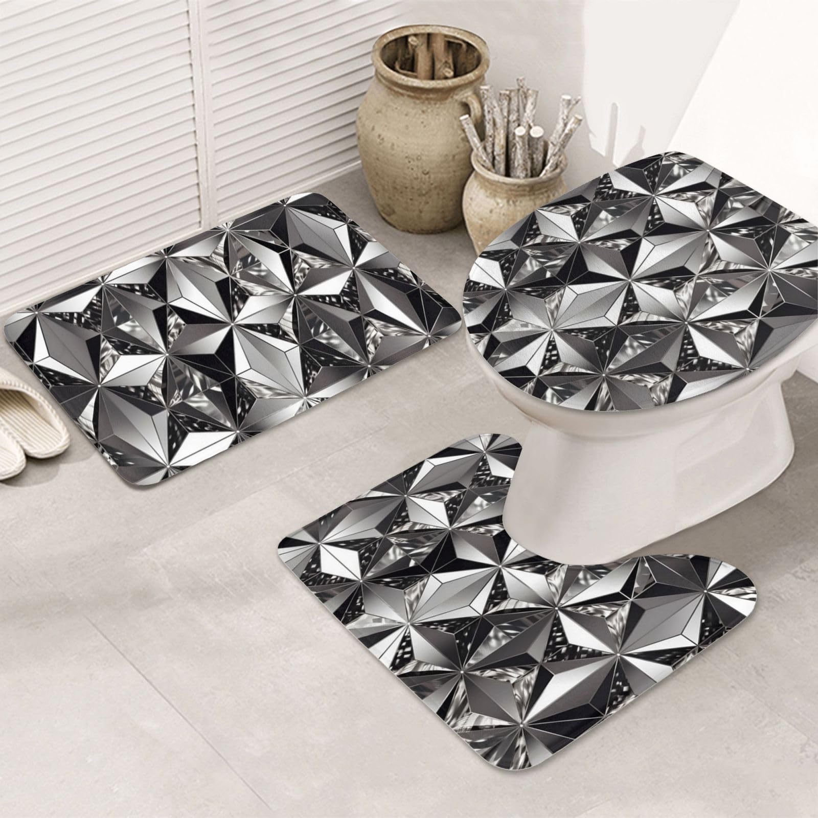 Dwrepo 3 Piece Bathroom Rug Flannel Absorbent Non-Slip Bath Mat Diamond Pattern Print Washable Floor Mat Ultra Soft U-Shaped Contour Mat for Toilet Lid Cover Bathroom Bedroom Tub 31.5 X 20 in