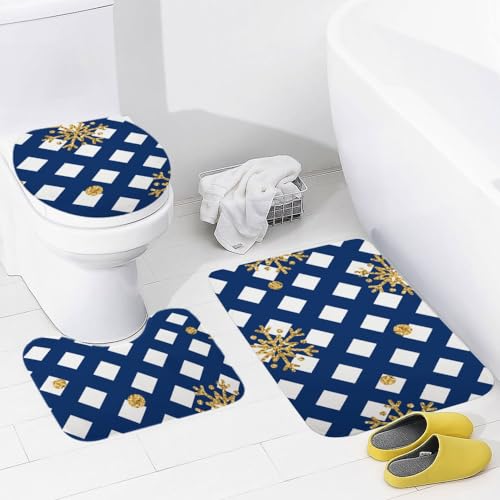 Isicerss Bathroom Mat Set Non-Diamond Chequered Golden Snow Slip Bath Rug U-Shaped Contour Toilet Mat and Toilet Lid Cover Bath Mat,3 Piece