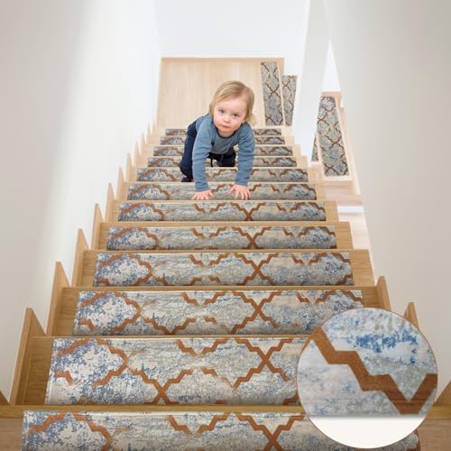 Stair Treads Non Slip Stair Carpet Treads, Carpet Stair Treads for Wooden Steps Indoor 15 pcs 8 * 30 inch,Removable Quick-Dry Machine Washable,Stair Rugs for Kids and Dogs,Golden Diamond