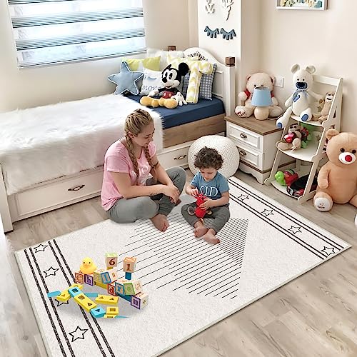 Geometric Striped Living Room Farmhouse Rug - 4'x6' Modern Diamond Stripes and Star Washable Carpet - Minimalistic Non Shedding Easy-Cleaning Floor Carpet for Bedroom