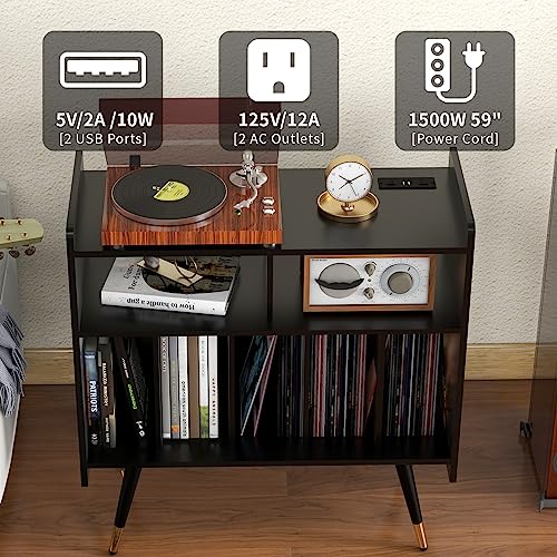 scolyk Large Record Player Stand, Vinyl Record Storage Cabinet with Power Outlet, Record Player Table Holds up to 350 Albums, Mid-Century End Table Turntable Stand for Living Room, Office.