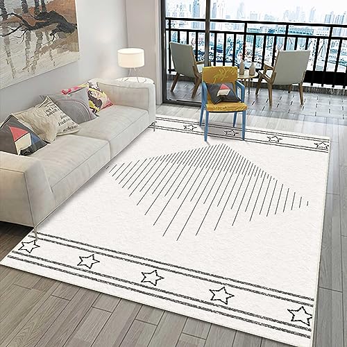Geometric Striped Living Room Farmhouse Rug - 4'x6' Modern Diamond Stripes and Star Washable Carpet - Minimalistic Non Shedding Easy-Cleaning Floor Carpet for Bedroom