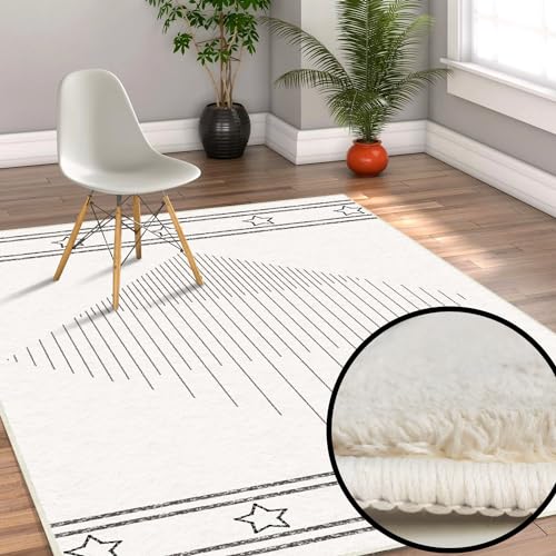 Geometric Striped Living Room Farmhouse Rug - 4'x6' Modern Diamond Stripes and Star Washable Carpet - Minimalistic Non Shedding Easy-Cleaning Floor Carpet for Bedroom