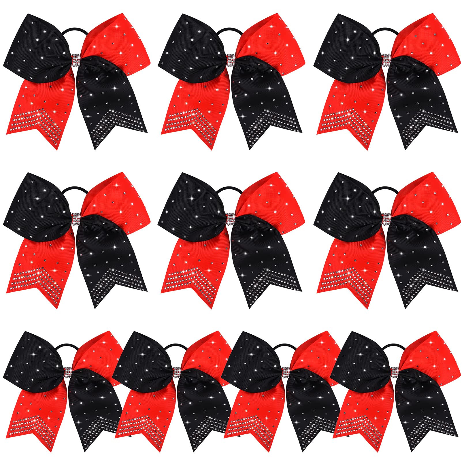 DEEKA 10 PCS Rhinestones Two Toned Large Cheer Hair Bows 7" Glitter Cheer Ponytail Holder Handmade for Teen Girls Softball Cheerleader Sports -Red/Black