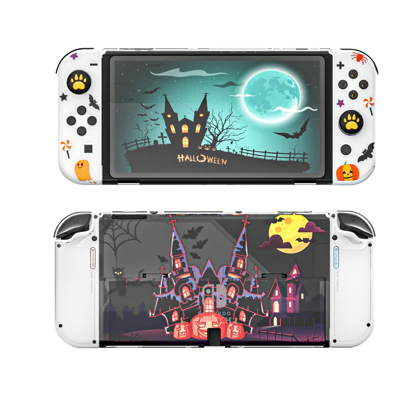 Halloween Decoration Switch OLED Case,Switch TPU Case, Switch Protective Case with Thumb Grips and Tempered Glass Screen Protector