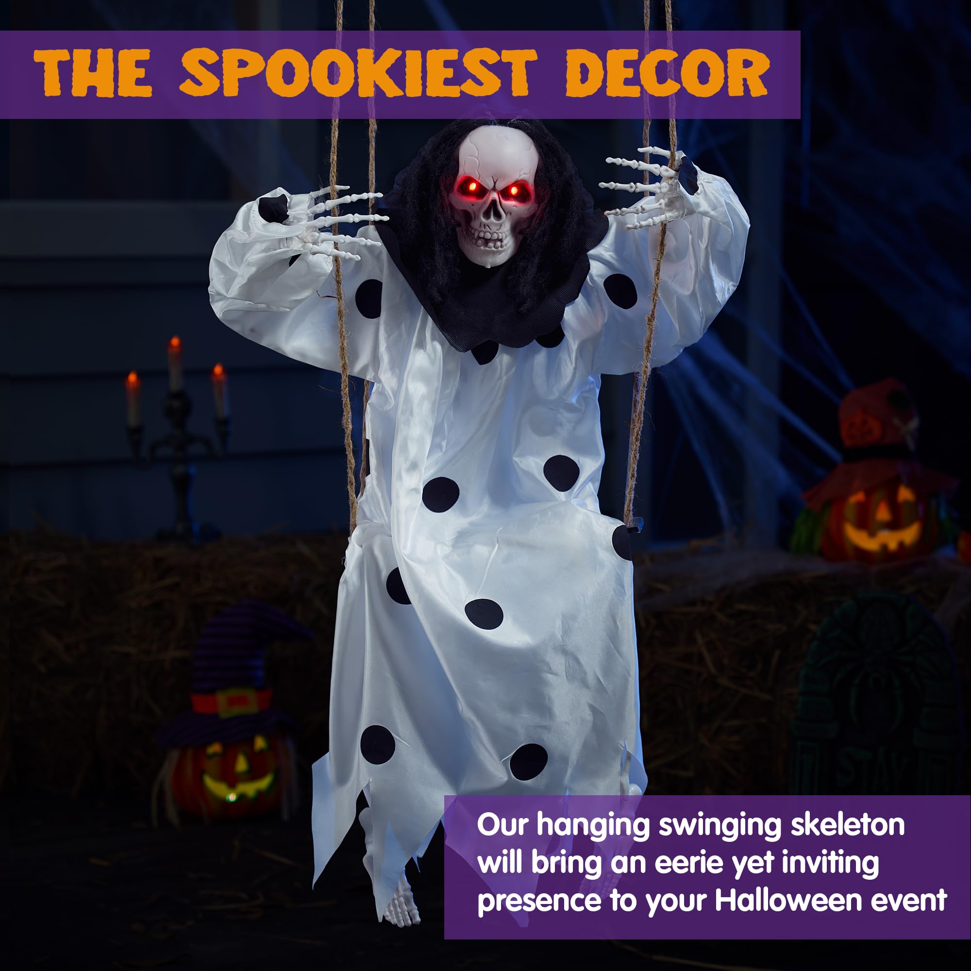 JOYIN 36" Hanging Clown Outdoor Halloween Decorations, Swinging Skeleton Decor with Light Up Eyes Button Battery Operated for Clearance Haunted House Prop Party Supplies
