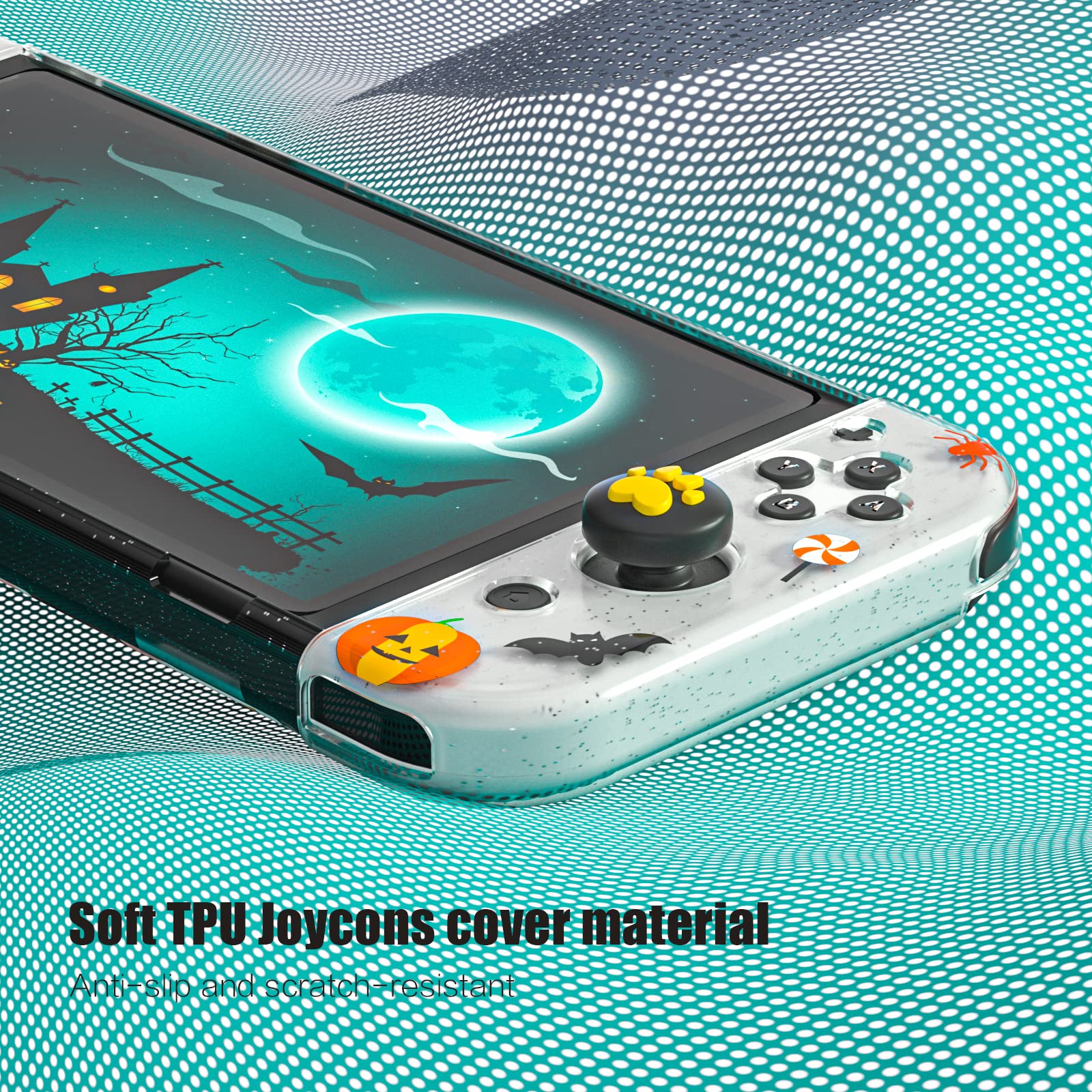 Halloween Decoration Switch OLED Case,Switch TPU Case, Switch Protective Case with Thumb Grips and Tempered Glass Screen Protector
