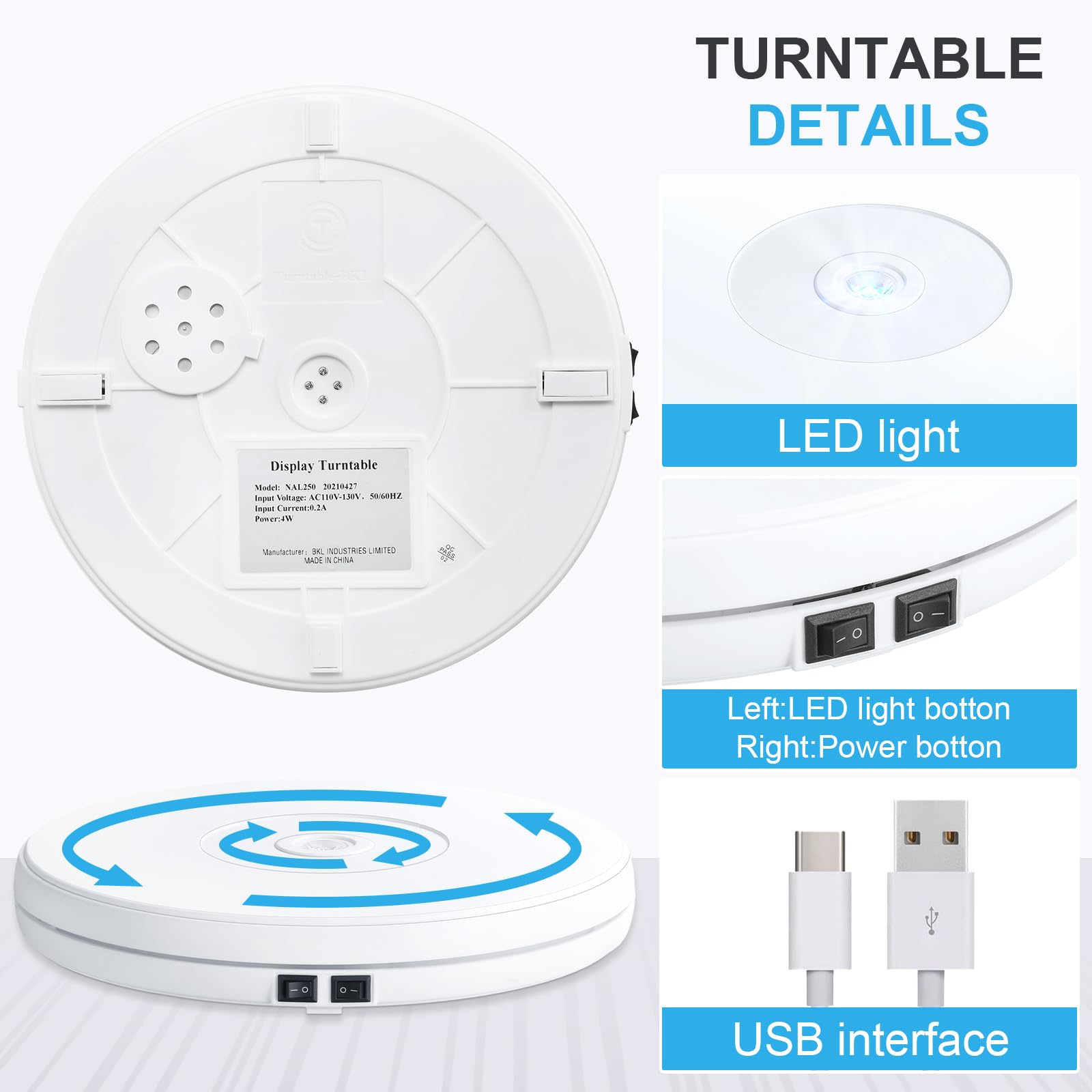 White Electric 10 Inch Rotating Turntable Display Stand with Led 44 lb Centric Loading for Table 360 Degree Motorized Tumbler Display Stand for Jewelry Photography