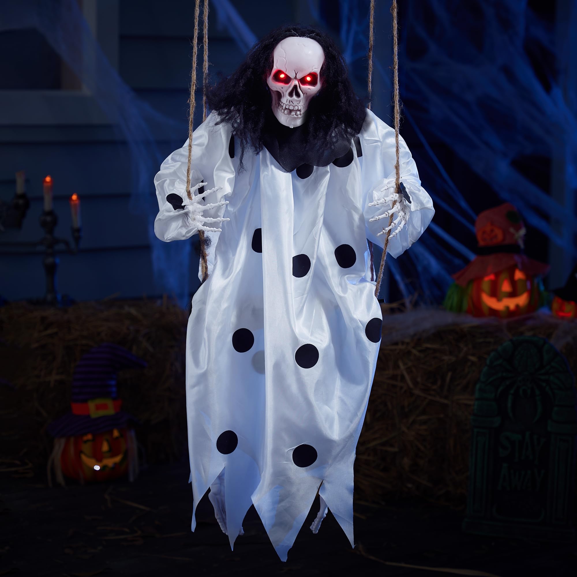JOYIN 36" Hanging Clown Outdoor Halloween Decorations, Swinging Skeleton Decor with Light Up Eyes Button Battery Operated for Clearance Haunted House Prop Party Supplies