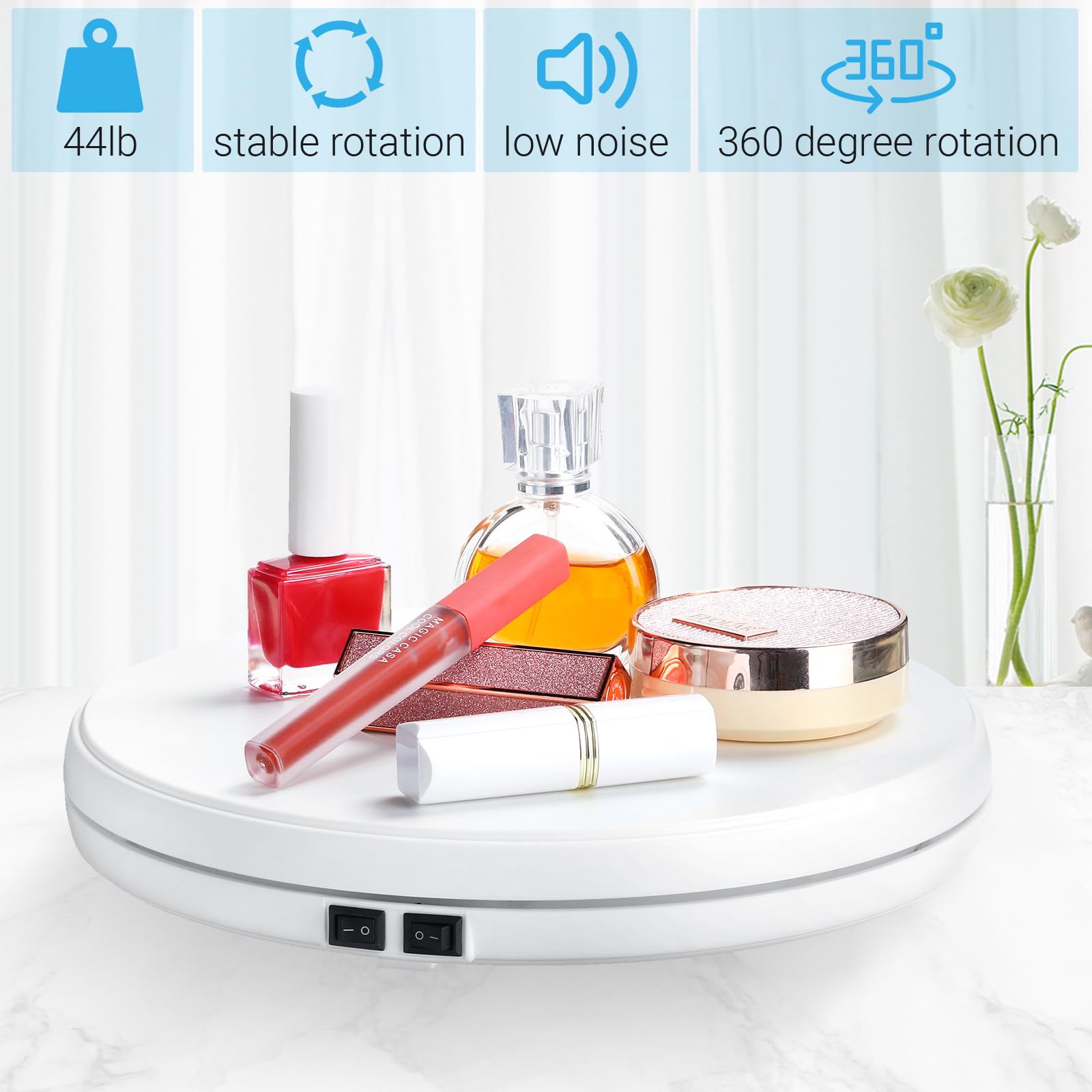 White Electric 10 Inch Rotating Turntable Display Stand with Led 44 lb Centric Loading for Table 360 Degree Motorized Tumbler Display Stand for Jewelry Photography