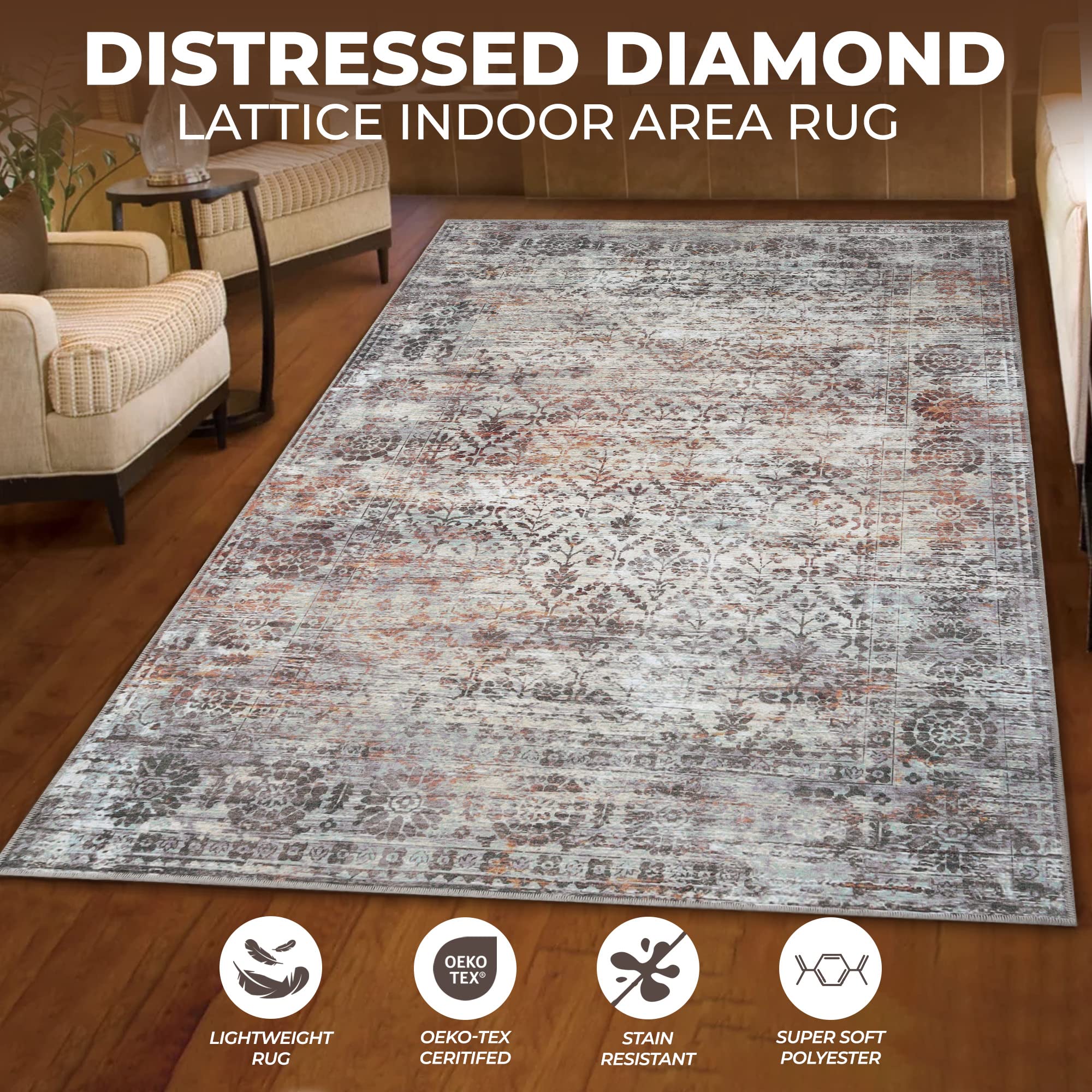 SUPERIOR Diamond Medallion Washable Rug, Cotton Backing, Pet & Kid Friendly, Easy Care, Non-Slip Rugs for Dining, Living Room, Kitchen, Bedroom, Low Pile Area Rug, Macaw Collection, 6' x 9', Cream