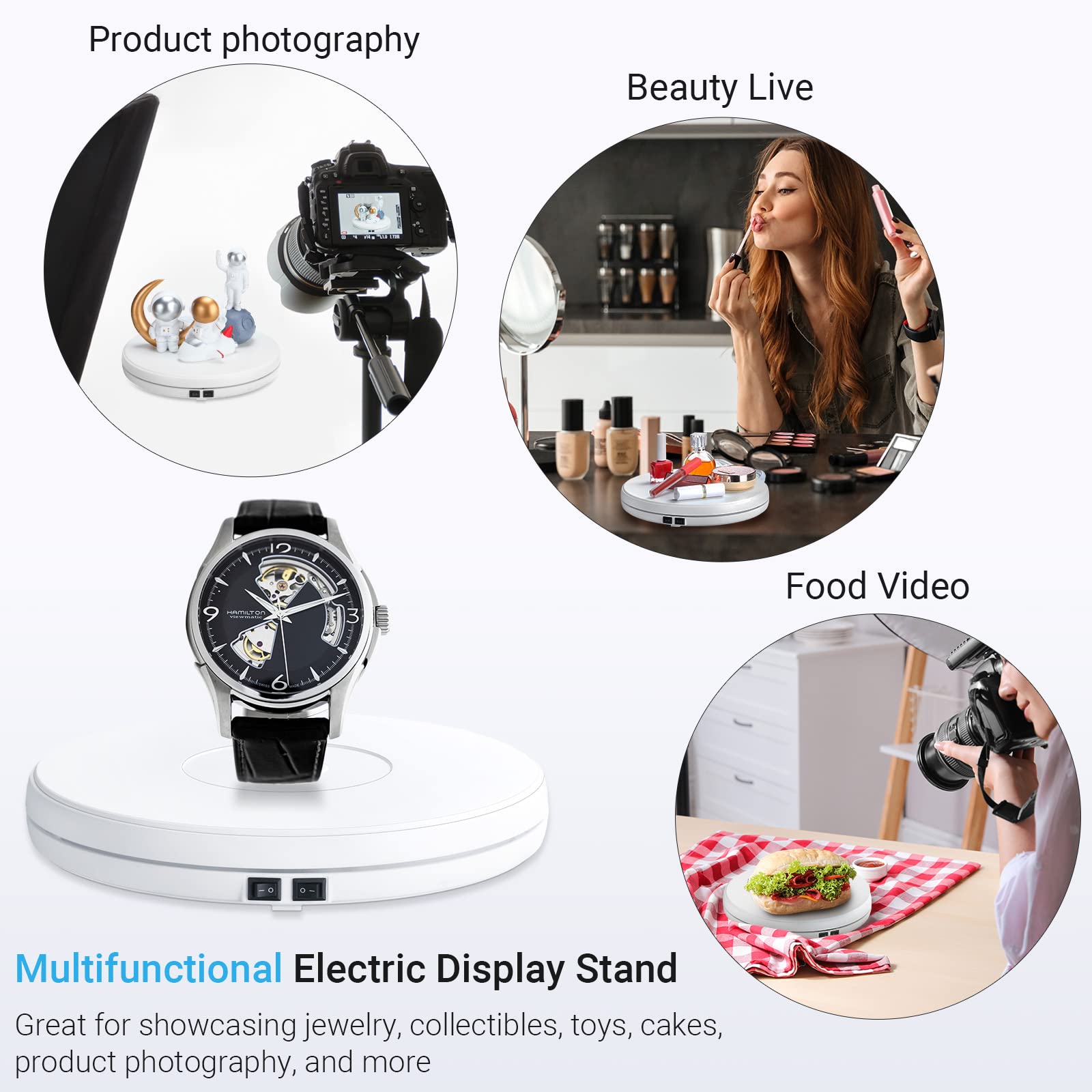 White Electric 10 Inch Rotating Turntable Display Stand with Led 44 lb Centric Loading for Table 360 Degree Motorized Tumbler Display Stand for Jewelry Photography