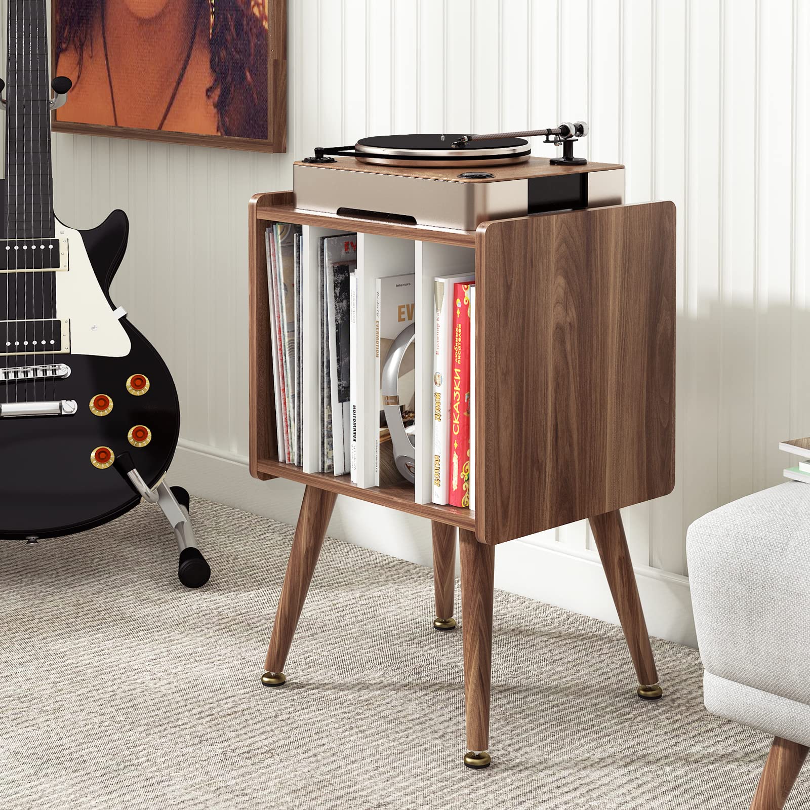 Artswish Record Player Stand Mid Century Turntable Table Vinyl Record Storage Table with 4 Cabinet, Walnut Record Display Table for Living Room Bedroom