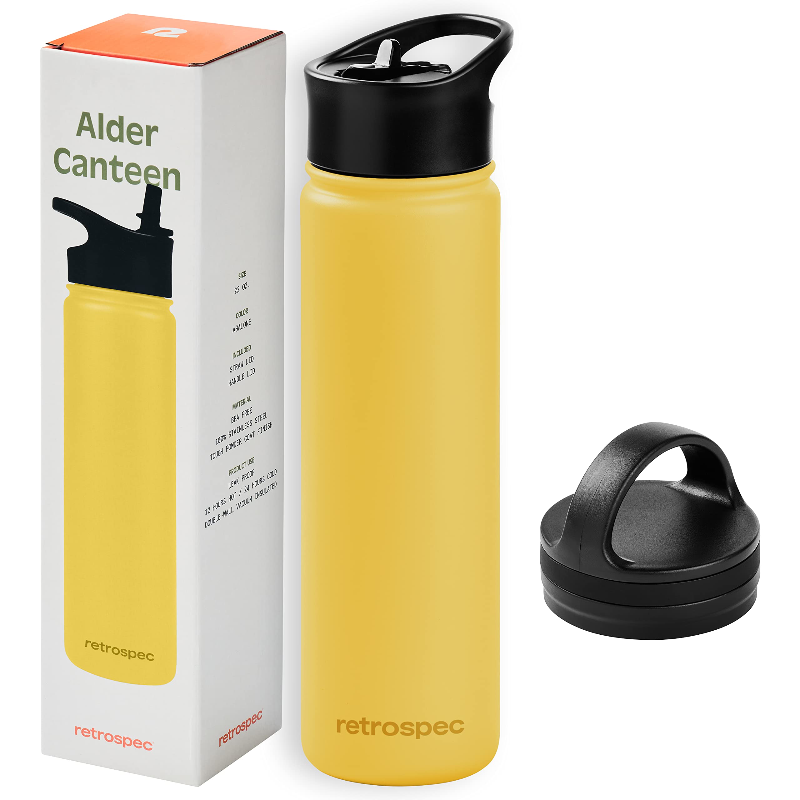 Retrospec Alder Insulated Water Bottle with Straw Lid & Handle Cap - Stainless Steel Wide Mouth Double-Wall Vacuum Insulated Thermos - BPA Free Leakproof Canteen - Honey, 22oz