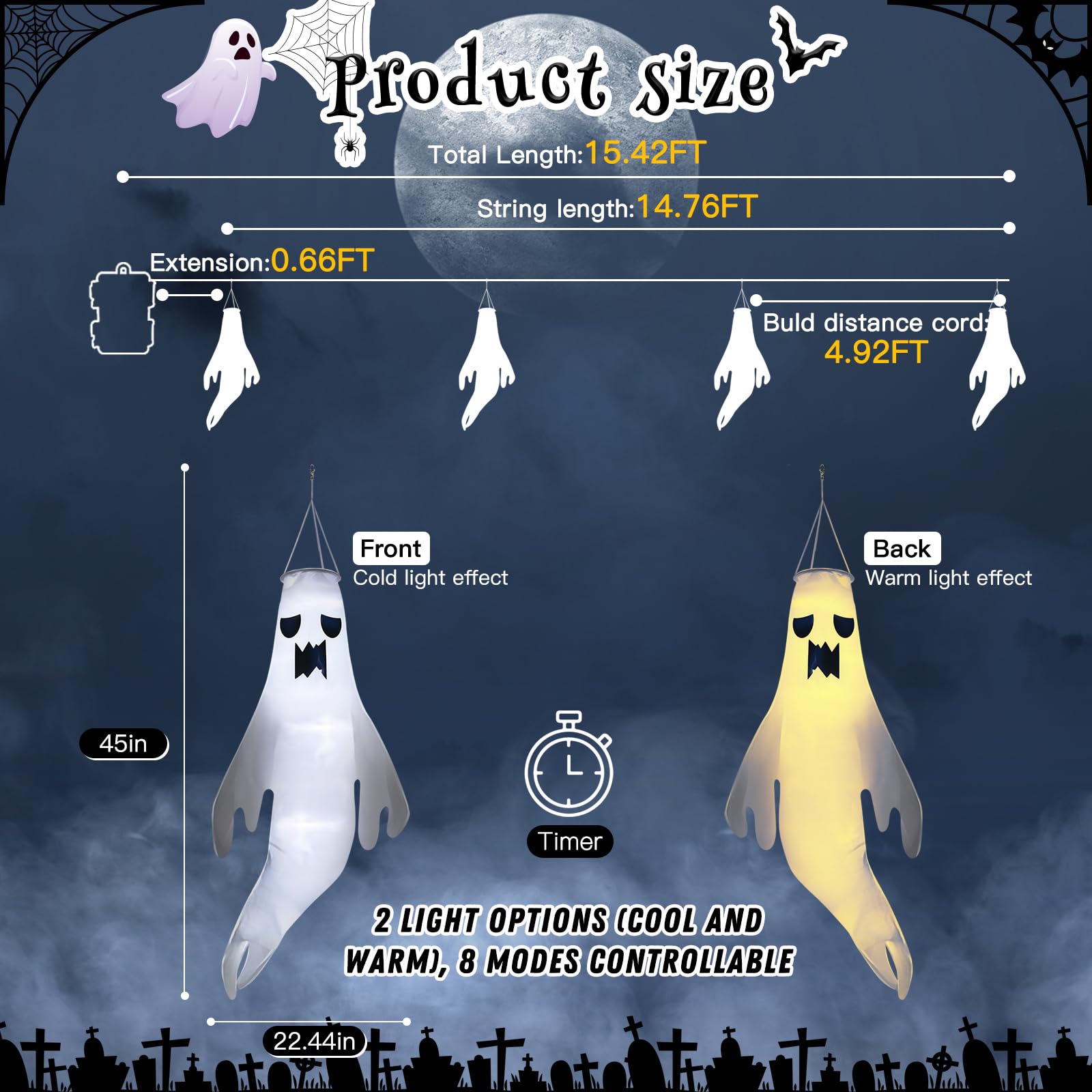 4 Pcs 45 Inch Halloween Hanging Ghost Decorations Outdoor Ghost Windsock Outsider Waterproof Timed Hanging Ghost Decorations Remote Control String of Lights Tree Ghost (Warm and Cold Lights)