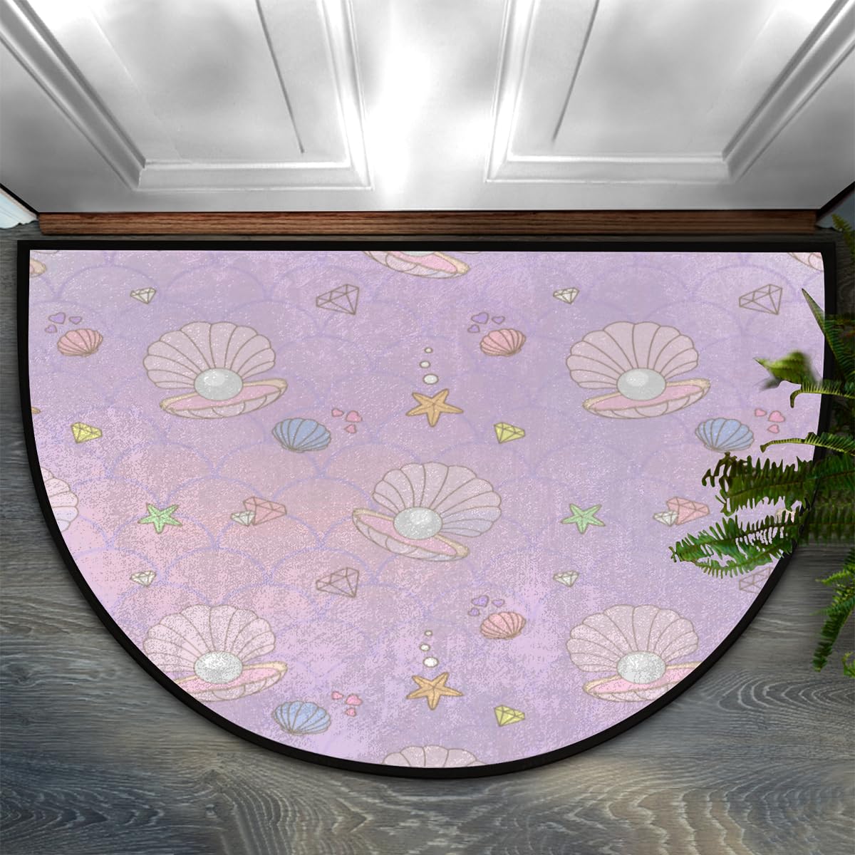 GeMeFv Mermaid Scales Pearl Shell Half Round Door Mat Starfish Diamond Non-Slip Half Circle Area Rug Doormat Washable Half Moon Rug for Indoor Outdoor Kitchen Bedroom Home Decor