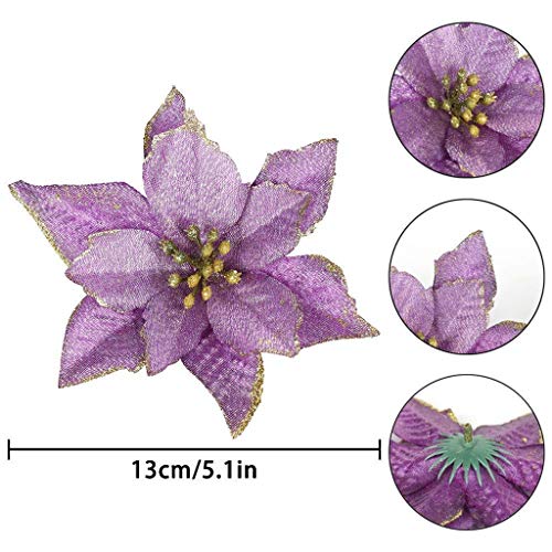 Christmas Glitter Flower Ornaments,Jchen 20Pcs Glitter Christmas Tree Ornaments Artificial Christmas Flowers Christmas Tree Decoration Flower for Home Party Wedding Decorations (Purple)