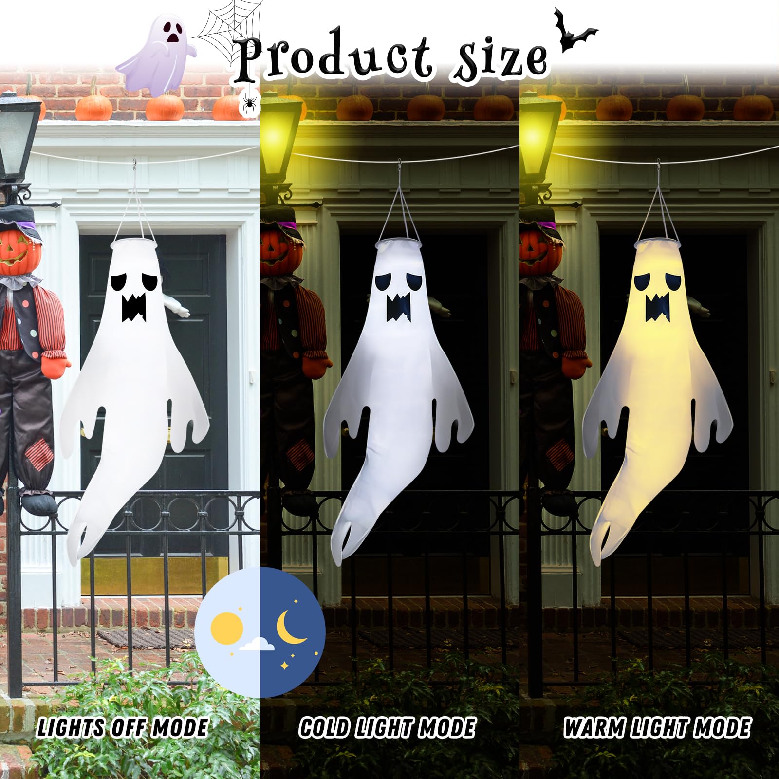 4 Pcs 45 Inch Halloween Hanging Ghost Decorations Outdoor Ghost Windsock Outsider Waterproof Timed Hanging Ghost Decorations Remote Control String of Lights Tree Ghost (Warm and Cold Lights)