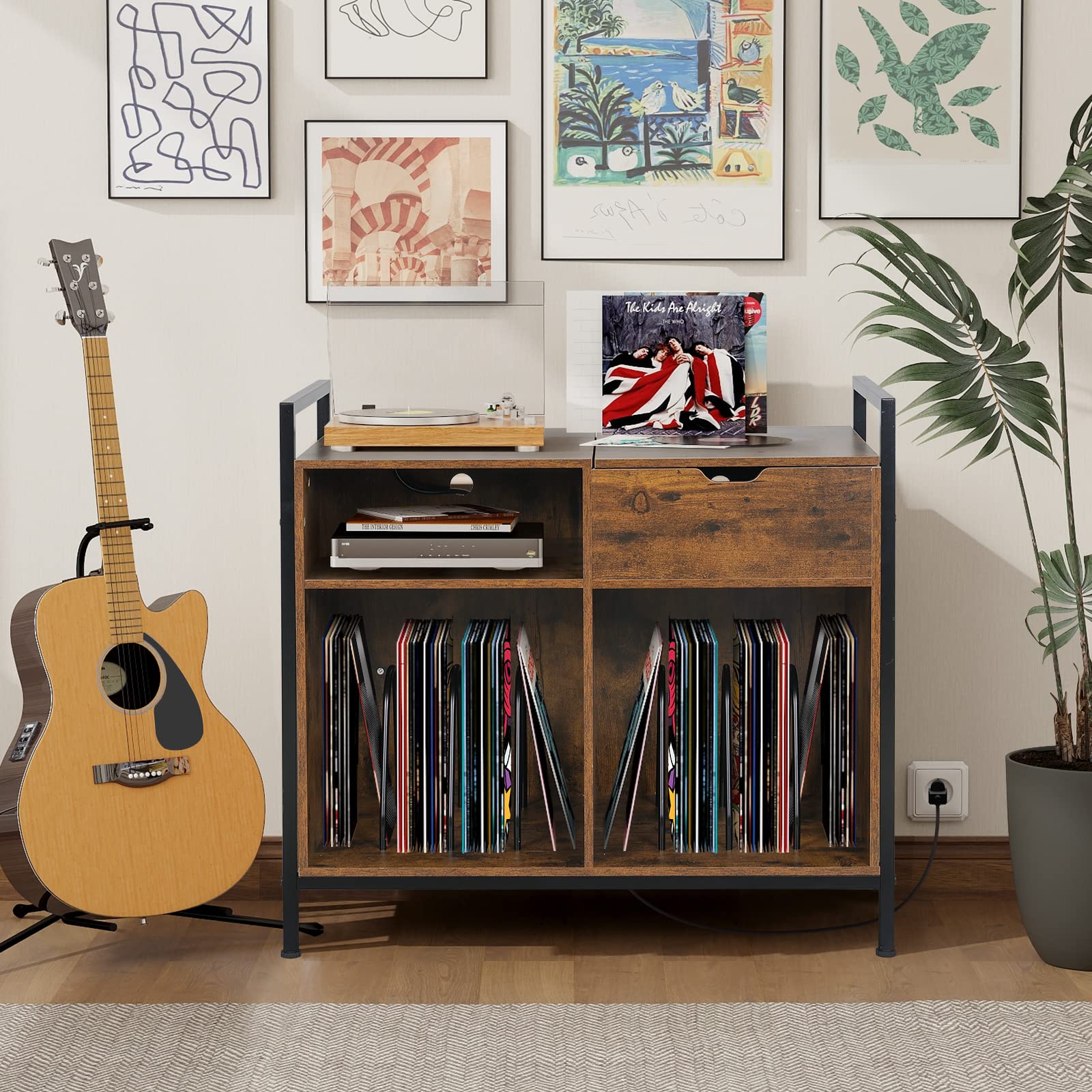 ARTETHYS Record Player Stand with Vinyl Storage, Charging Station and LED Light Vintage Vinyl Record Storage Cabinet Holds Up to 360 Albums, Large Turntable Stand End Table for Record Player