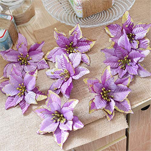 Christmas Glitter Flower Ornaments,Jchen 20Pcs Glitter Christmas Tree Ornaments Artificial Christmas Flowers Christmas Tree Decoration Flower for Home Party Wedding Decorations (Purple)