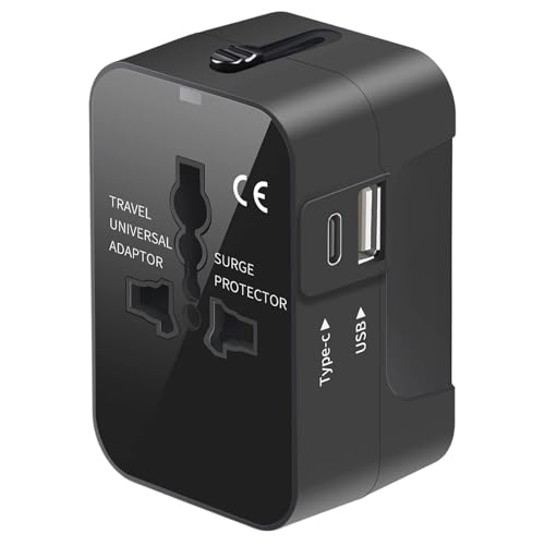 LKY DIGITAL Universal Travel Adapter USB C, International Power Adapter with 1 USB-C and 1 USB-A Ports, Type C Worldwide All in One Wall Charger for USA EU UK AUS (Black)