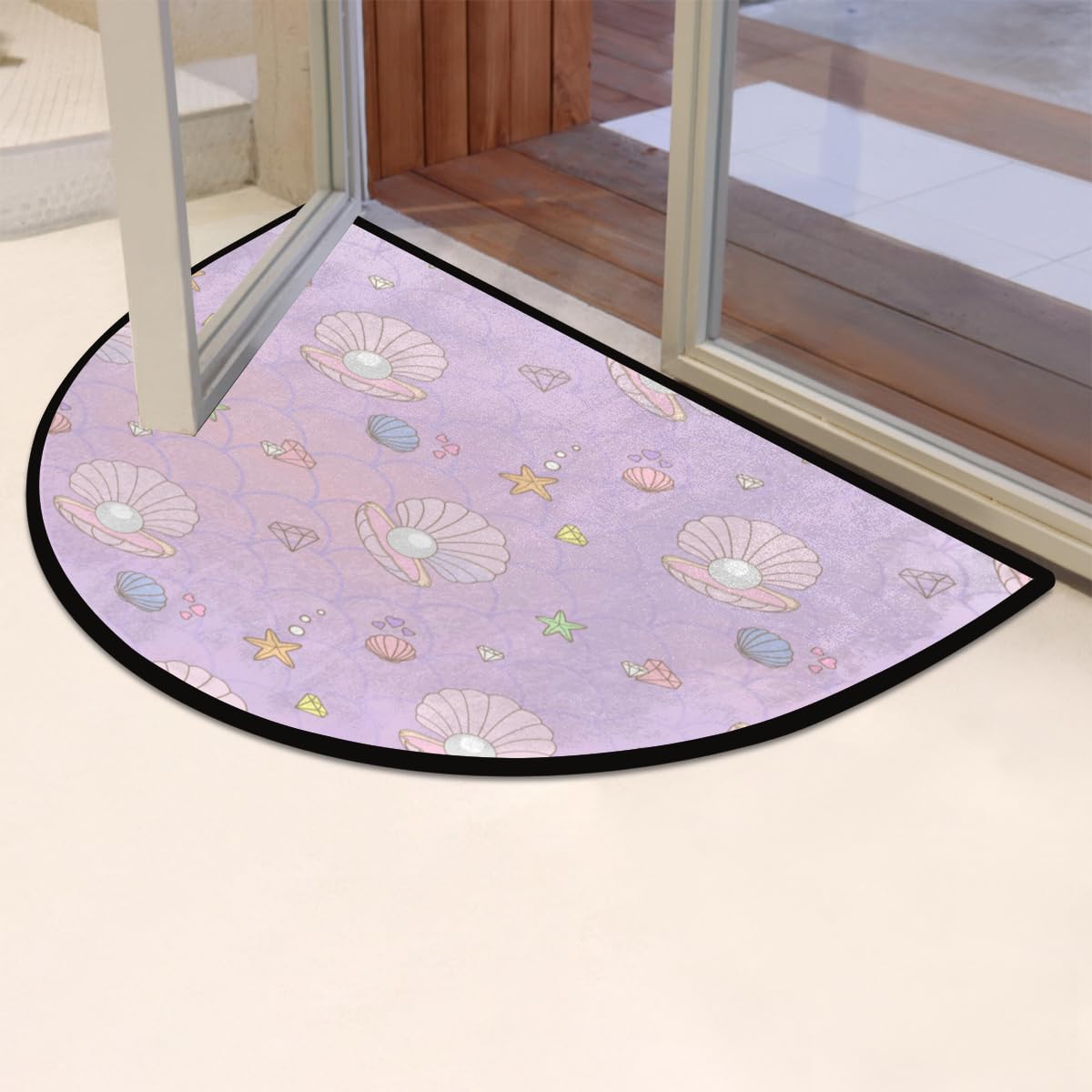 GeMeFv Mermaid Scales Pearl Shell Half Round Door Mat Starfish Diamond Non-Slip Half Circle Area Rug Doormat Washable Half Moon Rug for Indoor Outdoor Kitchen Bedroom Home Decor