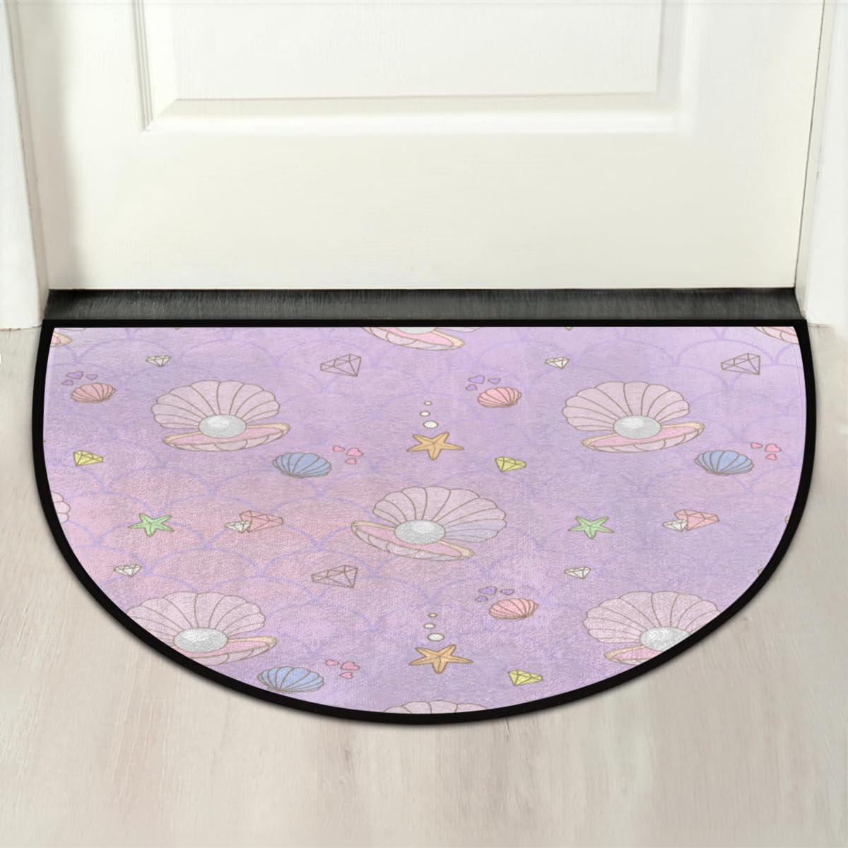 GeMeFv Mermaid Scales Pearl Shell Half Round Door Mat Starfish Diamond Non-Slip Half Circle Area Rug Doormat Washable Half Moon Rug for Indoor Outdoor Kitchen Bedroom Home Decor
