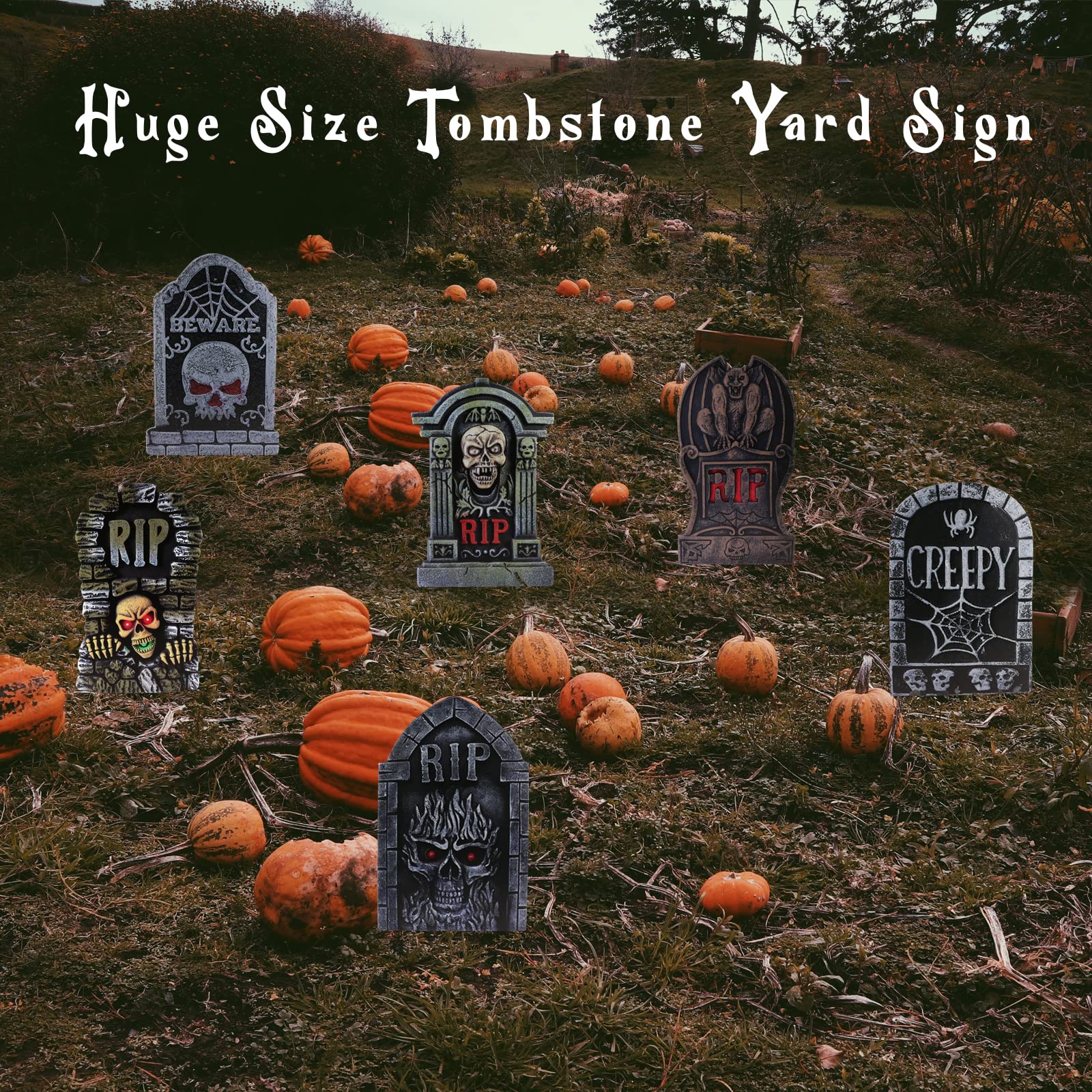 17in Tombstones Yard Sign with Stakes, 6PCS Graveyard Halloween Decorations Scary Gravestone Headstone Lawn Signs Halloween Decor Halloween Tombstones & Cemetery Decorations Waterproof(Large)