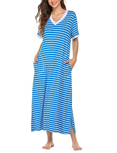 Ekouaer Womens, Full Length Long Nightgown Nightshirt with Pockets, Yarn Dyed Fabric2, Large