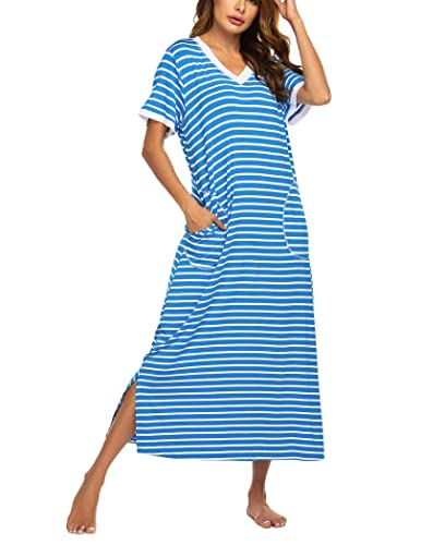 Ekouaer Womens, Full Length Long Nightgown Nightshirt with Pockets, Yarn Dyed Fabric2, Large
