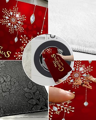 Indoor Doormat Merry Christmas Snowflake Glow Diamonds,Shaggy Floor Mat with Non-Skid Backing Dots Shadow Red Back,Machine Washable Plush Area Rug Carpets for Kitchen Nursery Bedroom