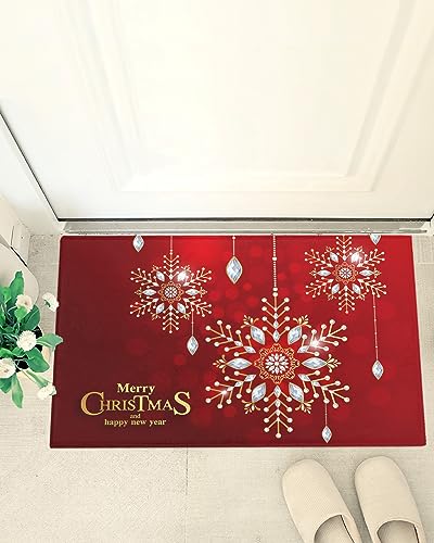Indoor Doormat Merry Christmas Snowflake Glow Diamonds,Shaggy Floor Mat with Non-Skid Backing Dots Shadow Red Back,Machine Washable Plush Area Rug Carpets for Kitchen Nursery Bedroom
