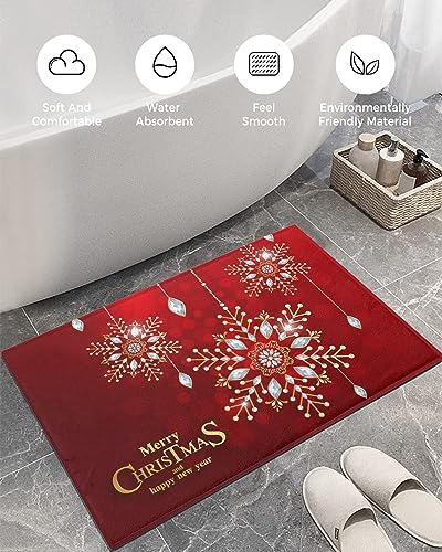 Indoor Doormat Merry Christmas Snowflake Glow Diamonds,Shaggy Floor Mat with Non-Skid Backing Dots Shadow Red Back,Machine Washable Plush Area Rug Carpets for Kitchen Nursery Bedroom