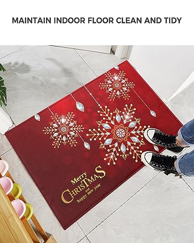 Indoor Doormat Merry Christmas Snowflake Glow Diamonds,Shaggy Floor Mat with Non-Skid Backing Dots Shadow Red Back,Machine Washable Plush Area Rug Carpets for Kitchen Nursery Bedroom