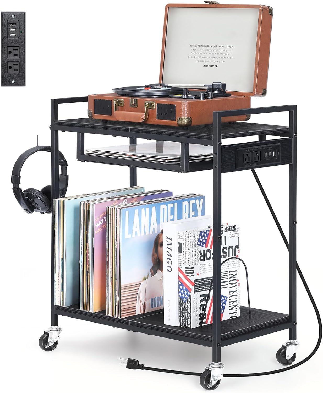 SEHERTIWY Record Player Stand with Vinyl Storage, Black Turntable Stand with Charging Station, Record Player Holder with Detachable Wheels