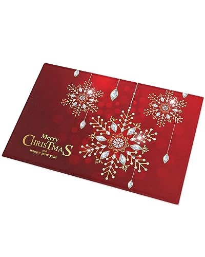 Indoor Doormat Merry Christmas Snowflake Glow Diamonds,Shaggy Floor Mat with Non-Skid Backing Dots Shadow Red Back,Machine Washable Plush Area Rug Carpets for Kitchen Nursery Bedroom