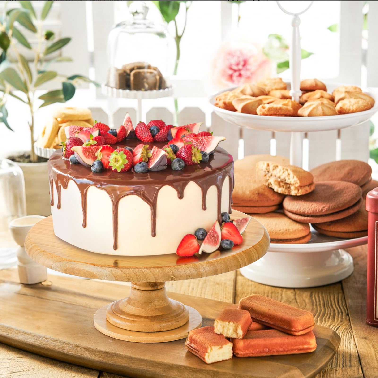 Yesland Wood Cake Turntable 13 Inch Cake Stand Rotating, Rustic Tabletop Round Cupcake Pedestal Stand Farmhouse Bamboo Cakes Holder Tray for Wedding, Birthday, Parties, Restaurants